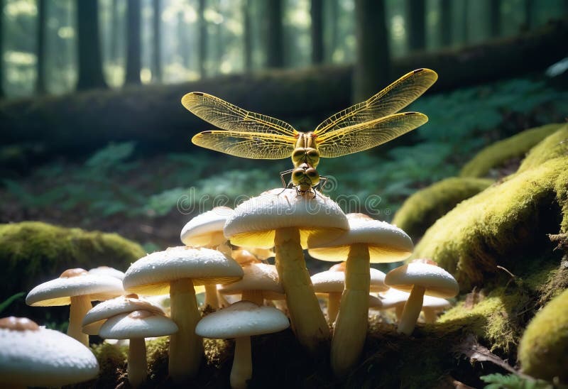 Yellow Dragonfly and White Mushrooms in Moody Setting Stock ...