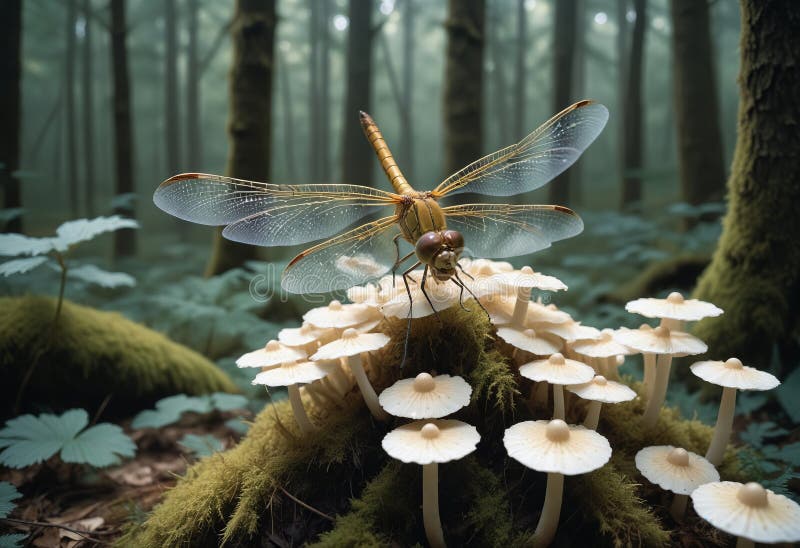 Yellow Dragonfly and White Mushrooms in Moody Setting Stock ...