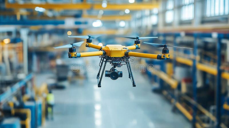 Yellow Drone Flying in Modern Factory Setting Stock Illustration ...
