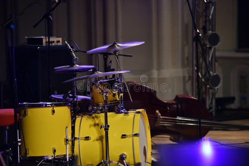 Yellow Drum Kit Musical Instrument on Stage Stock Image - Image of ...