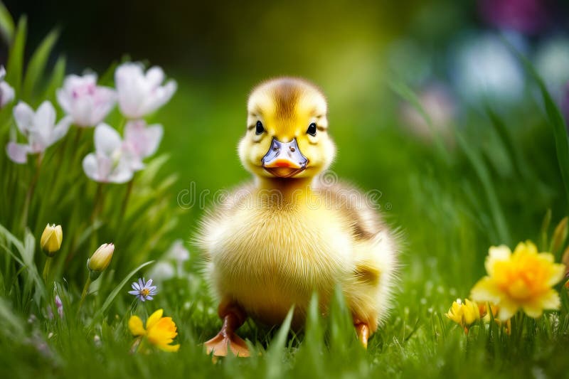 Yellow Duck with Blue Bill Sits in Field of Flowers. Generative AI ...