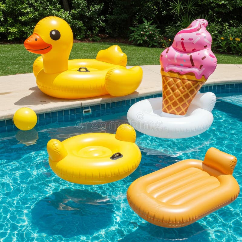 Yellow Duck and Ice Cream Cone Inflatable Pool Toys Stock Illustration ...