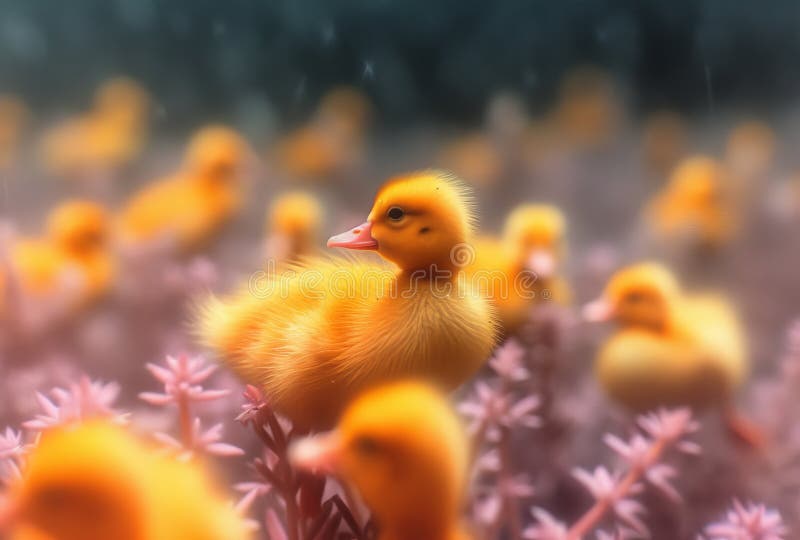 Yellow Ducklings Swim in the Water Stock Photo - Image of nature, cute ...