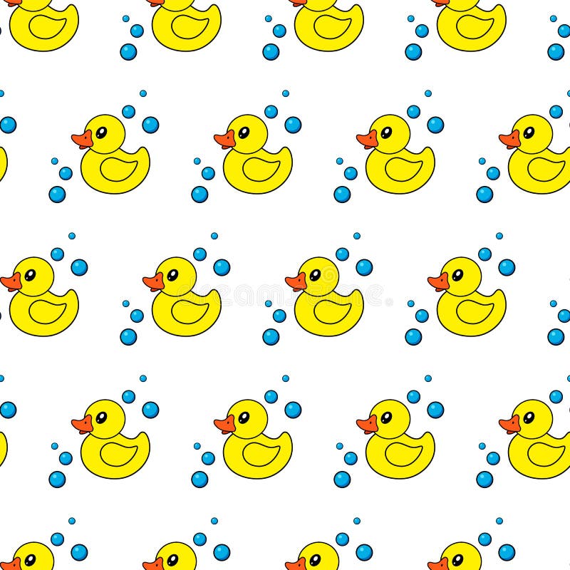 Yellow Ducks And Soap Bubbles On White Background Seamless Pattern