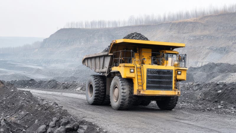 Yellow Dumper Carrying Anthracite Coal in Open Pit Coal Mine, Driving ...