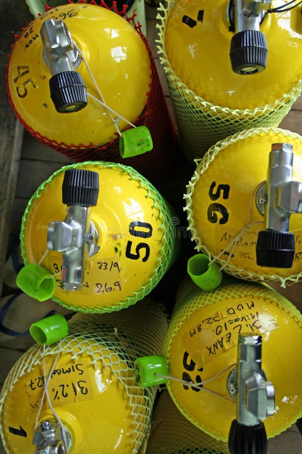 Yellow Ean Nitrox Scuba Diving Tanks Stock Image - Image of extreme ...