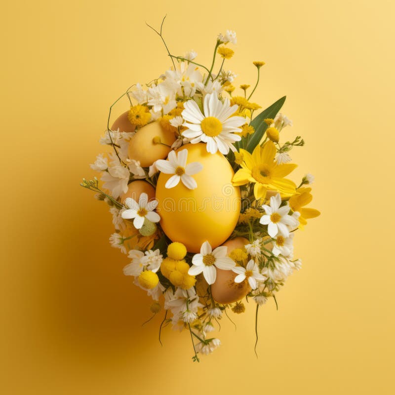 Yellow Easter Creative Composition with Easter Eggs and Spring Flowers ...