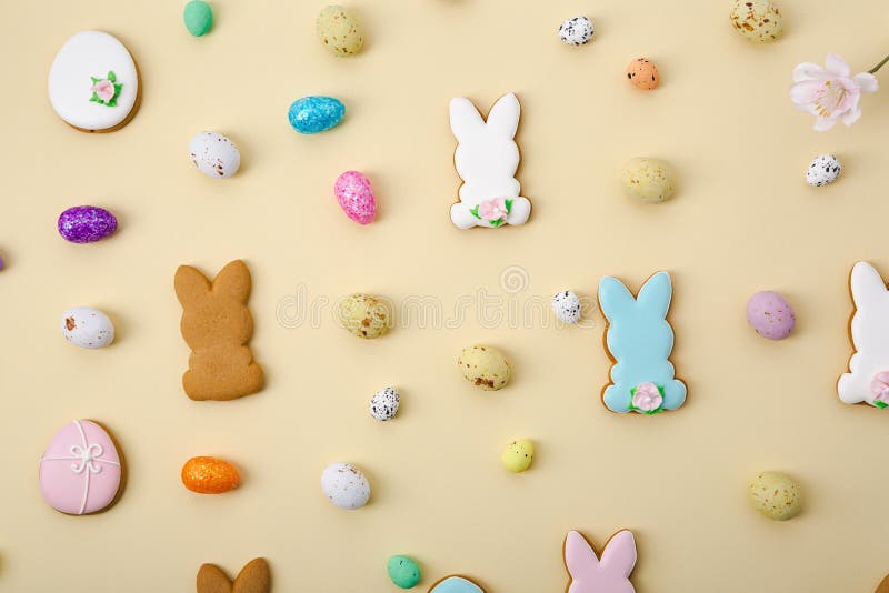 Yellow Easter Eggs and Bunny Top View Holiday Concept Stock Image ...