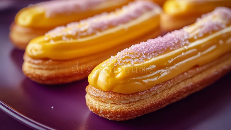 Yellow Eclairs Sugar Purple Plate Stock Photos - Free & Royalty-Free ...