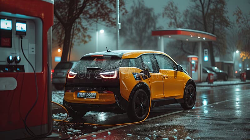 Yellow Electric Car at the EV Station at Night Stock Illustration ...