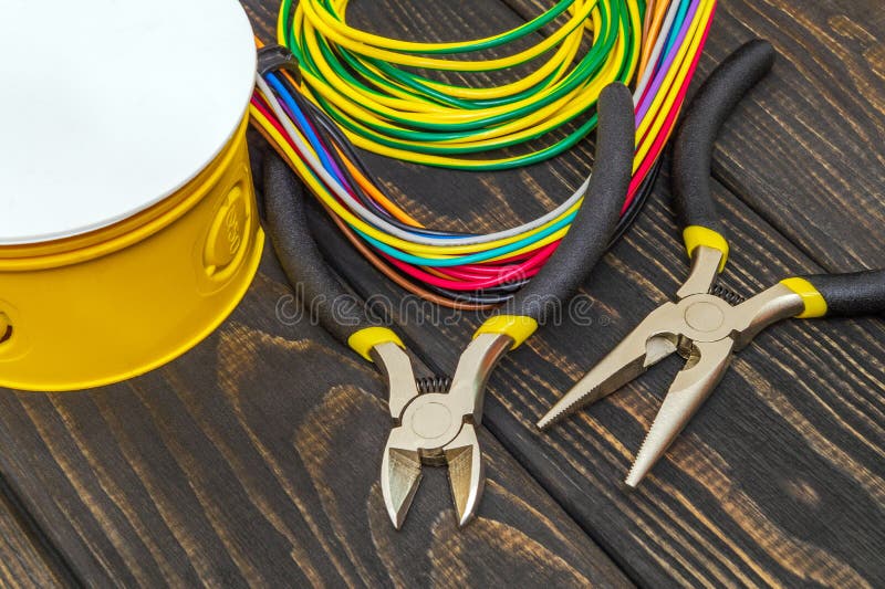 Yellow Electrical Junction Box with Cables Wire and Tools Used in the ...