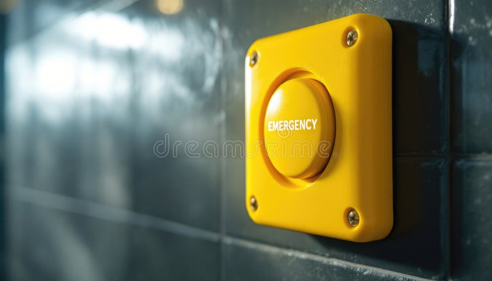 Yellow Emergency Button on Wall with Blue Tiles Stock Photo - Image of ...