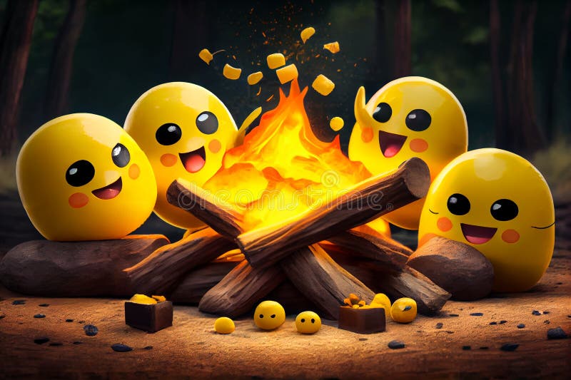 Yellow Emoticons Emoji are Resting in Nature by the Fire Illustration ...