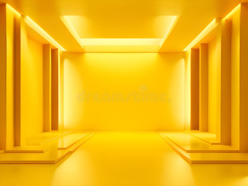 Yellow Empty Illuminated Room with Platform. Realistic 3d Immitation ...
