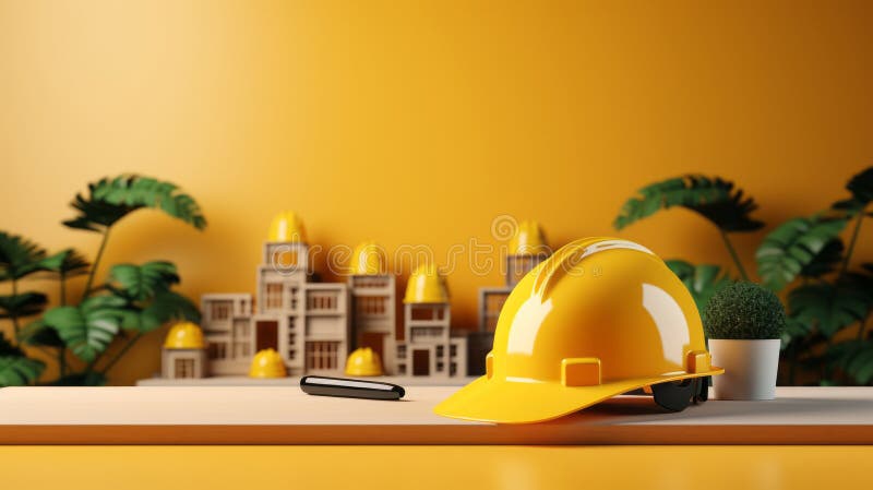 Yellow Engineer Hat with Architecture Floor Plan. AI Generated Stock ...
