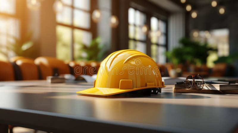 Yellow Engineer Hat with Architecture Floor Plan. AI Generated Stock ...