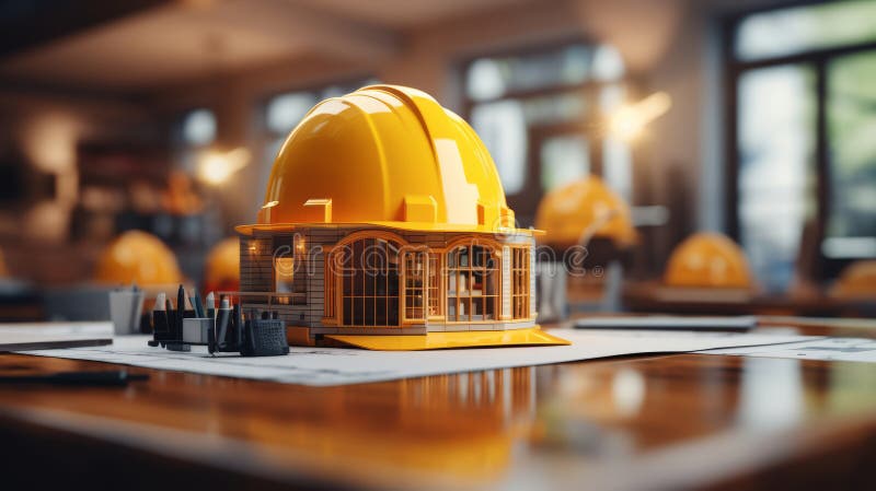Yellow Engineer Hat with Architecture Floor Plan. AI Generated Stock ...