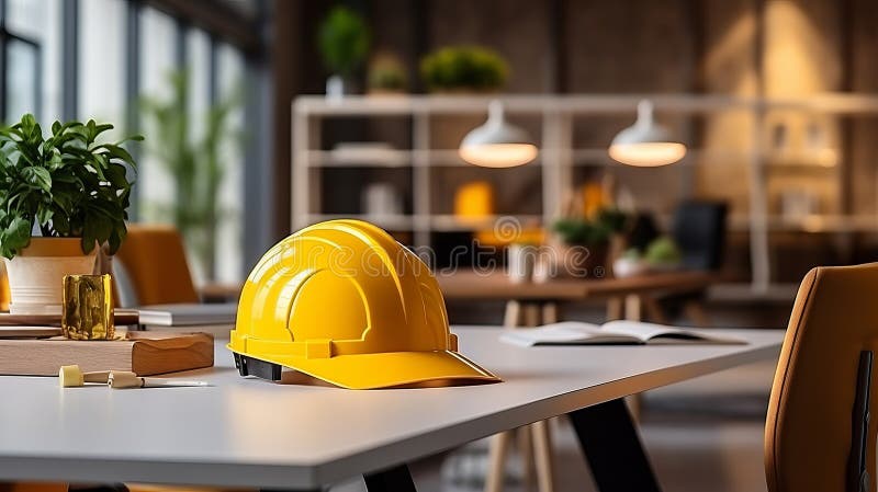 Yellow Engineer Hat with Architecture Floor Plan. AI Generated Stock ...