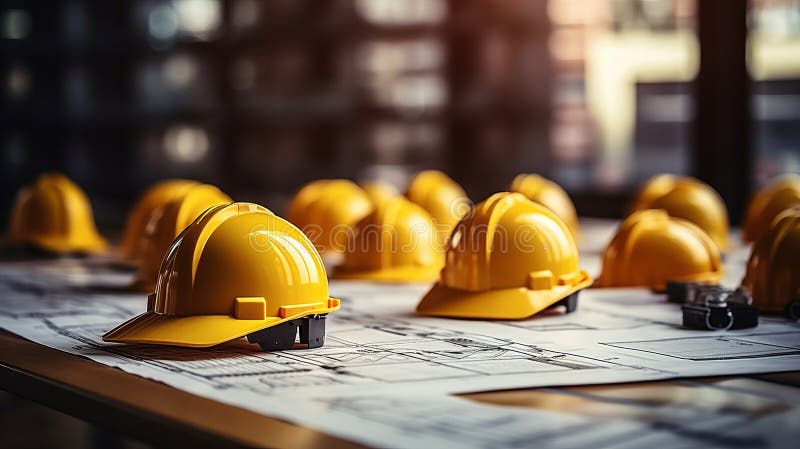 Yellow Engineer Hat with Architecture Floor Plan. AI Generated Stock ...