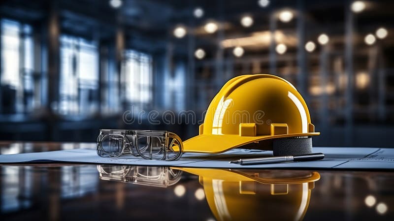 Yellow Engineer Hat with Architecture Floor Plan. AI Generated Stock ...