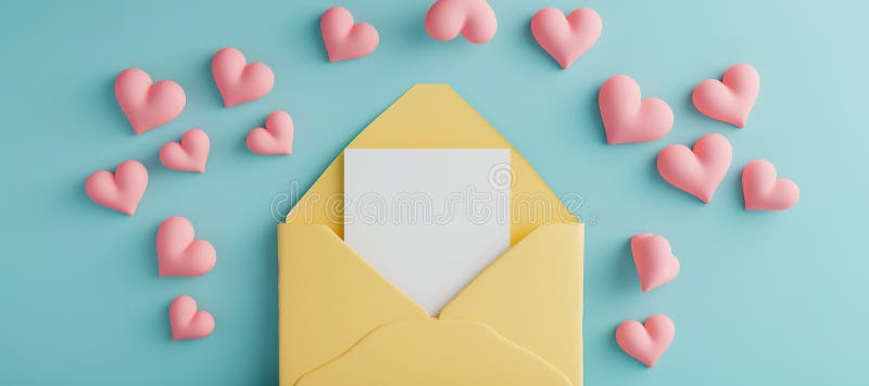 Yellow Envelope with Blank White Note Paper Surrounded by Love Icons ...