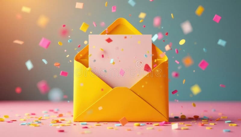 Yellow Envelope Bursts Open, Colorful Confetti Flies , Scattering ...