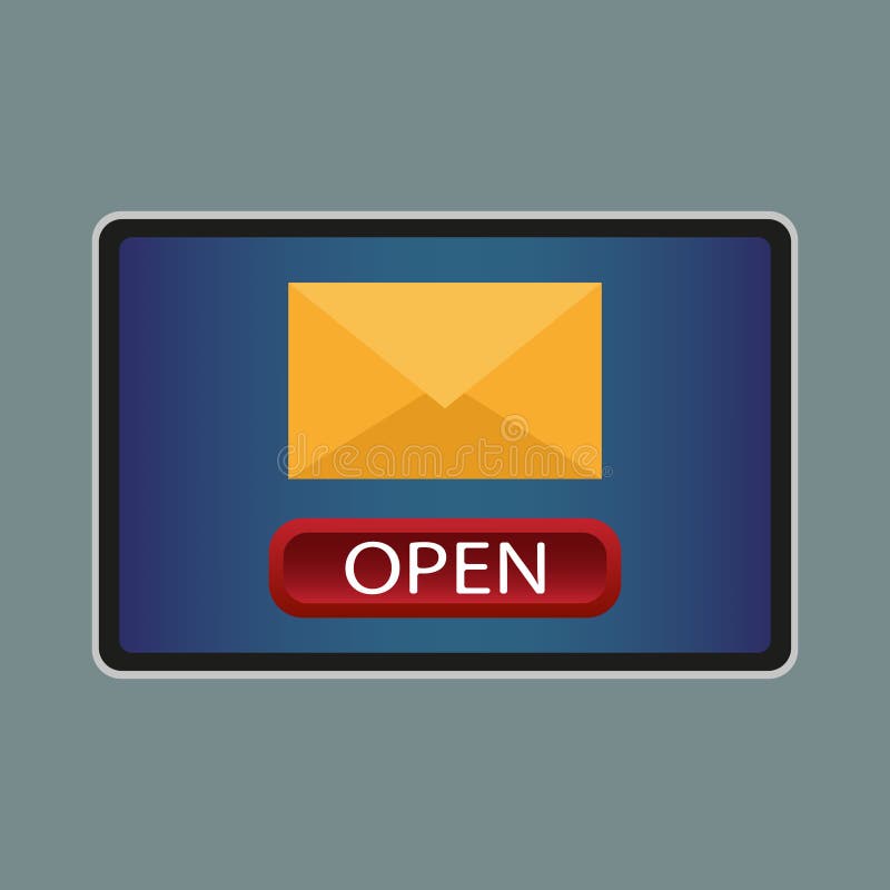 Yellow Envelope Icon. Red Open Button. Digital Message Screen. Vector ...