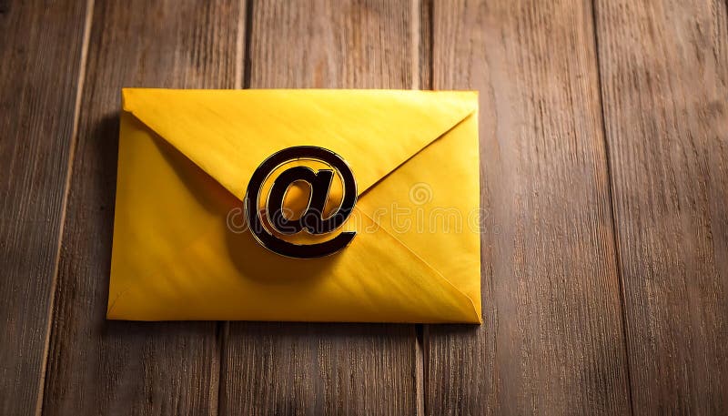 Yellow Envelope with an @ Symbol Sits on Wood Stock Illustration ...
