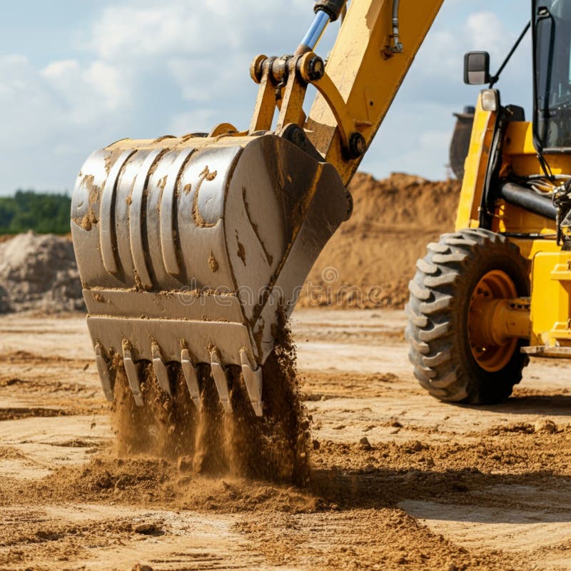 Yellow Excavator at a Construction Site, Lifting Sandy Soil. Stock ...
