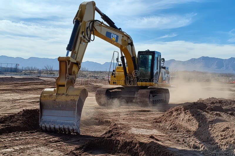 Yellow Excavator Digging in a Construction Site with Dust and Mountains ...