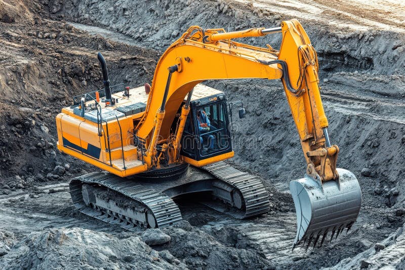 Yellow Excavator Digging in a Construction Site Stock Illustration ...
