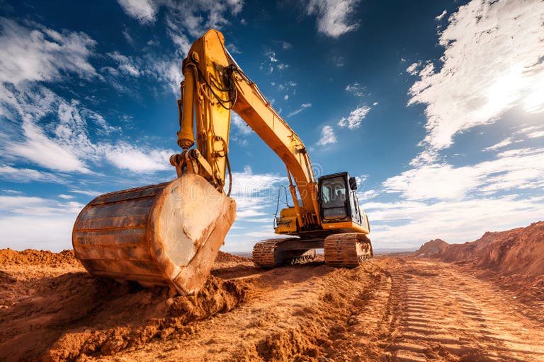 Yellow Excavator Digging on a Construction Site Under Blue Sky Stock ...