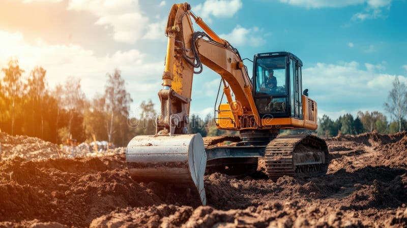 Yellow Excavator Digging at a Construction Site Under a Blue Sky Stock ...