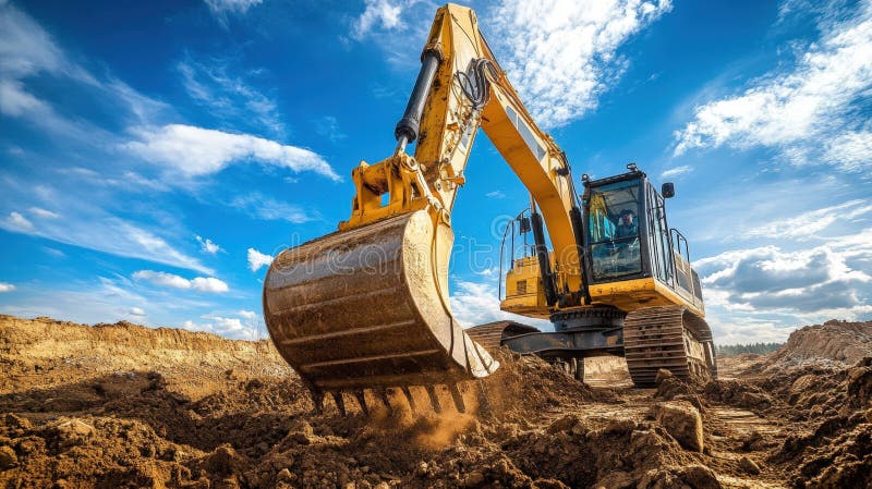 Yellow Excavator Digging at a Construction Site Under a Blue Sky Stock ...