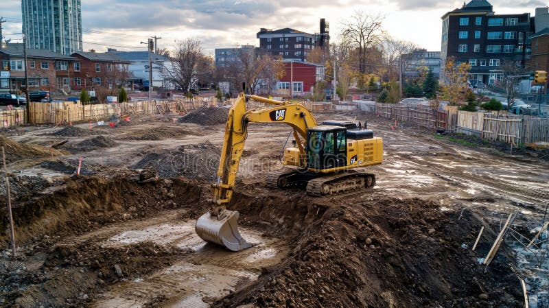 Yellow Excavator Digging at a Construction Site Stock Illustration ...
