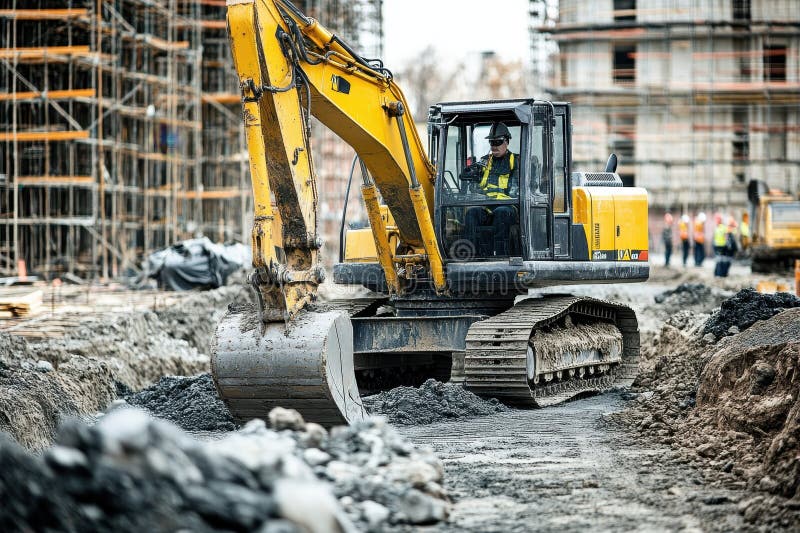 Yellow Excavator Digging at a Construction Site Stock Illustration ...