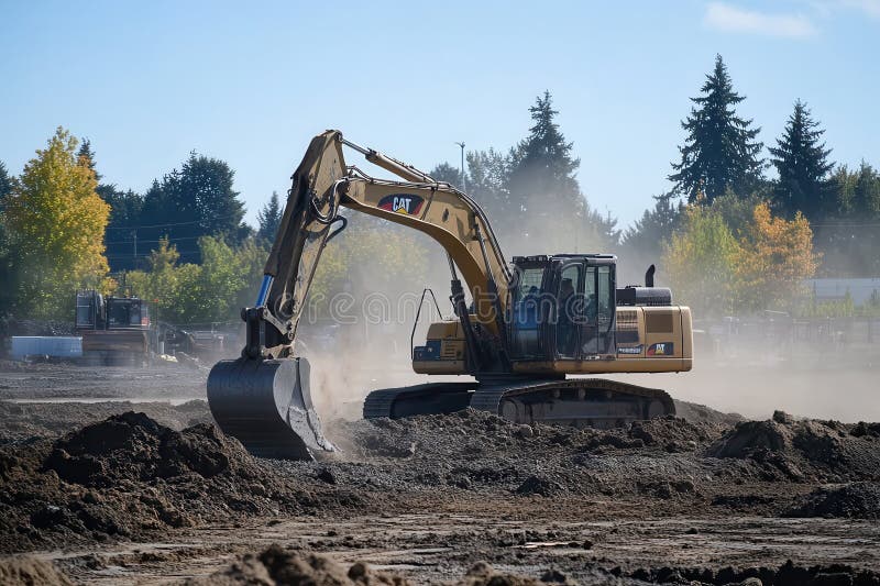 Yellow Excavator Digging in a Construction Site Stock Illustration ...