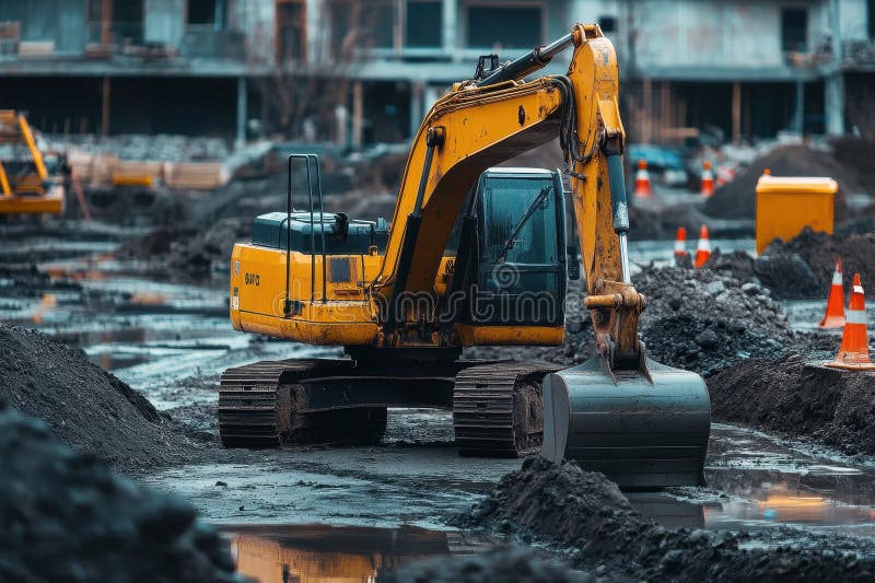 Yellow Excavator Digging in a Construction Site Stock Illustration ...
