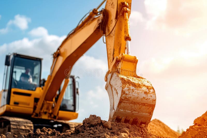A Yellow Excavator is Digging into the Ground Stock Photo - Image of ...