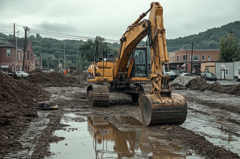 Yellow Excavator Digging on a Muddy Construction Site in a Small Town ...