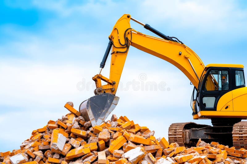 A Yellow Excavator Digging through a Pile of Bricks Stock Photo - Image ...