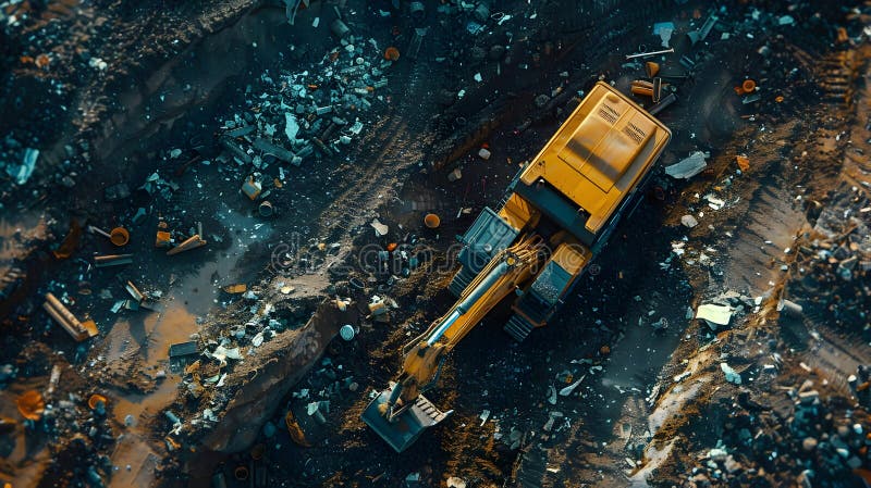 Yellow Excavator Digging in a Pile of Debris - 3D Illustration Stock ...