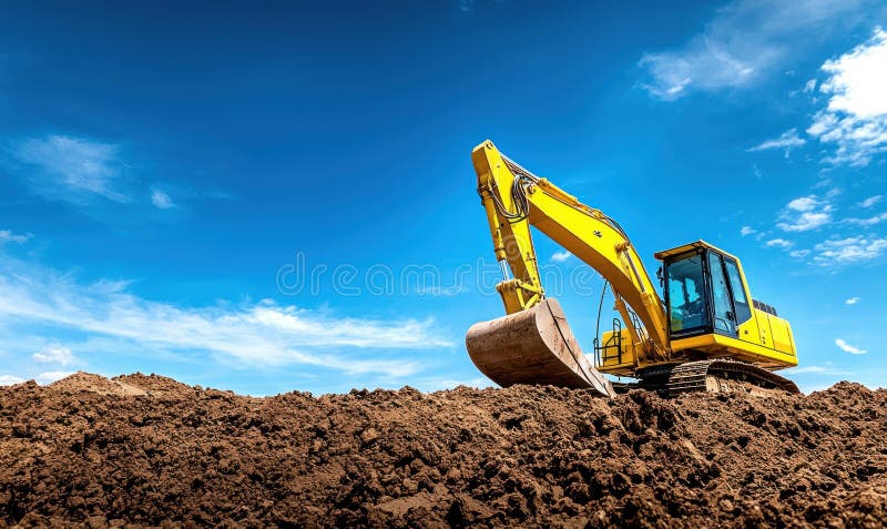 Yellow Excavator Digging Soil at Construction Site Under Blue Sky Stock ...