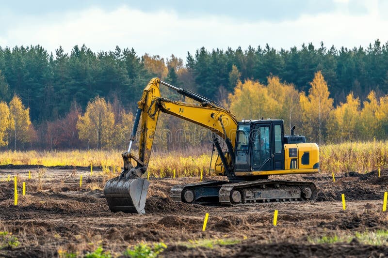 Excavator Digging in a Dirt Field with Trees in the Background Stock ...