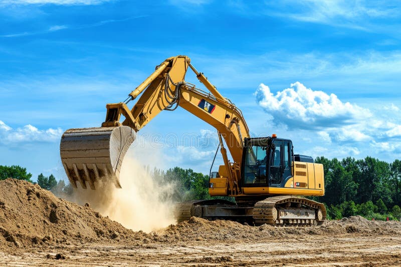 Yellow Excavator Digging Dirt with Dust Cloud Stock Illustration ...