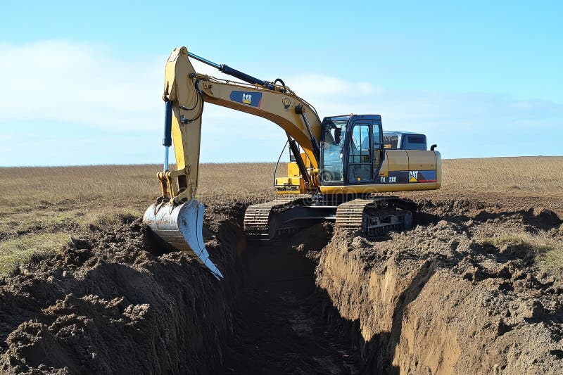Excavator Digging a Trench in a Field Stock Illustration - Illustration ...