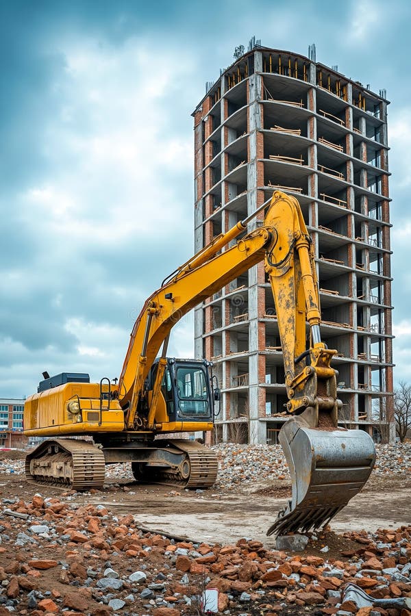 A Yellow Excavator is in Front of a Construction Site Stock Image ...