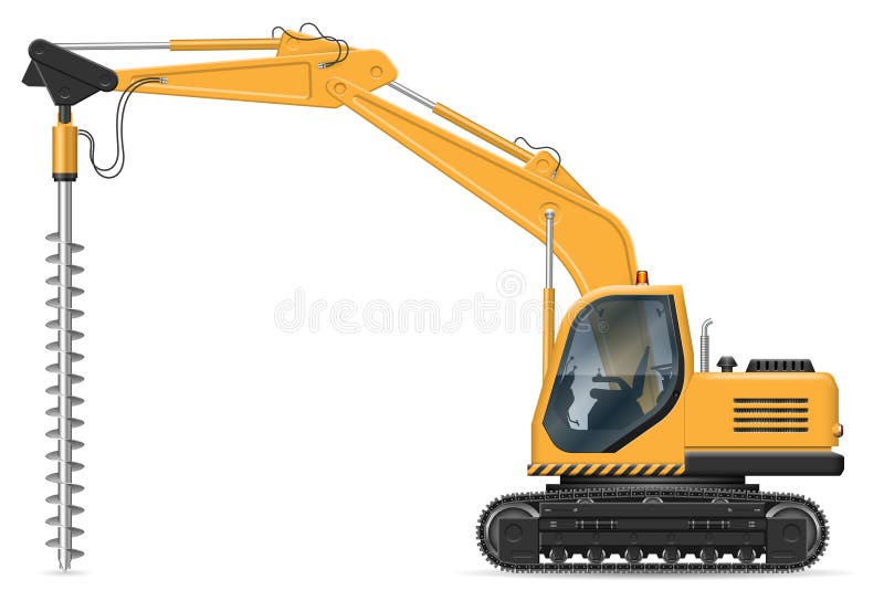 Yellow Excavator with Hydraulic Drilling Rig, Side View Vector ...