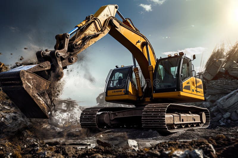 Yellow Excavator Loader Machine at Demolition Construction Site Stock ...