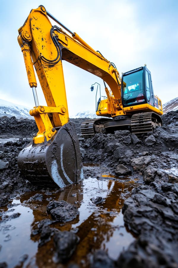 A Yellow Excavator Digging Dirt on a Construction Site Stock Image ...